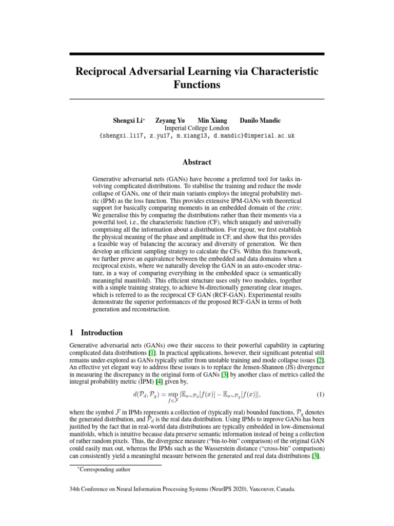 NeurIPS 2020 Reciprocal Adversarial Learning via Characteristic ...