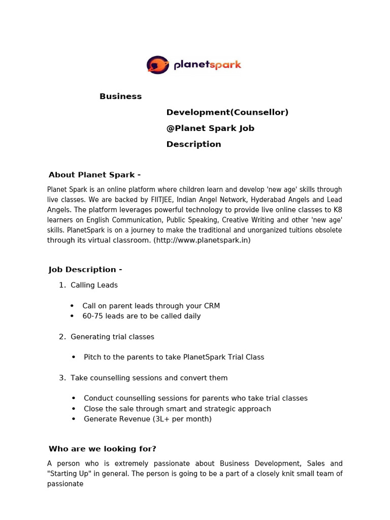 Business Development Counsellor at Planet Spark | PDF