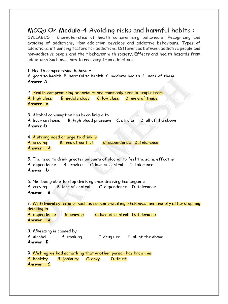 MCQs_On_Module_4_Avoiding_risks_and_harmful_habits_Final_STUDENTS | PDF | Substance Abuse ...