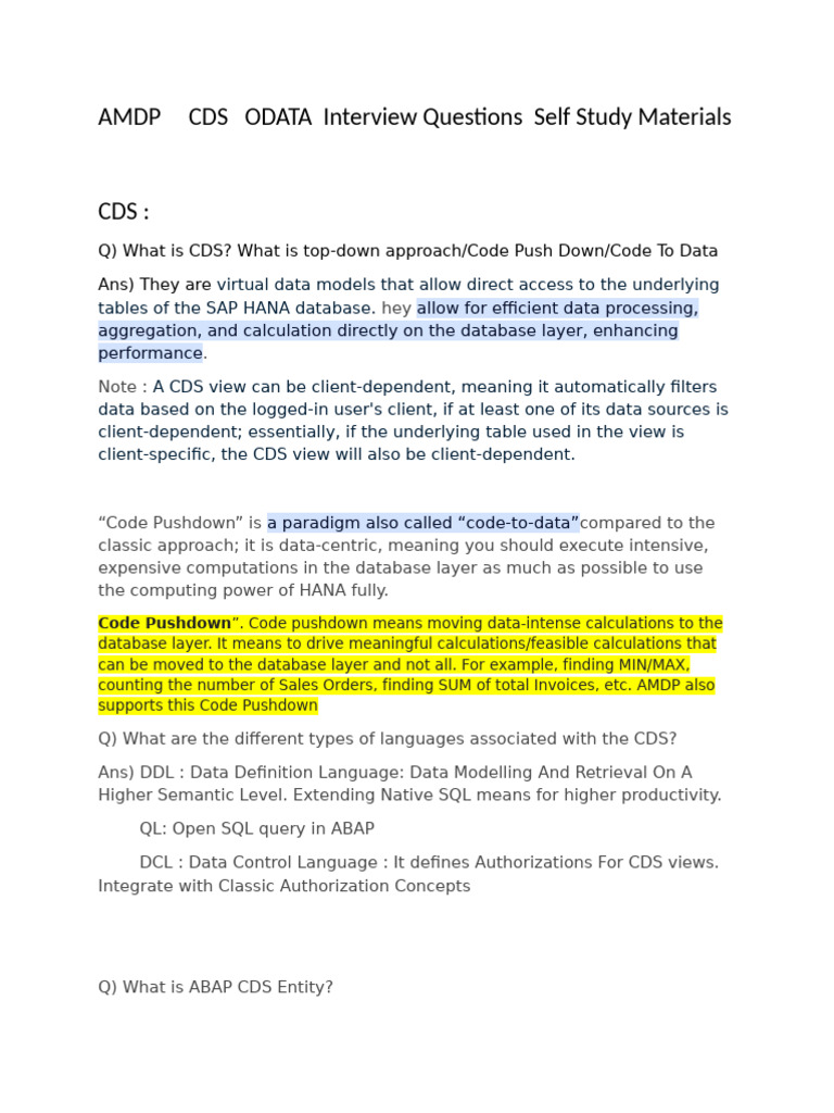 AMDP & CDS ABAP On HANA Interview Question | PDF | Databases | Sql