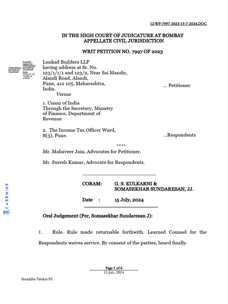 Lunkad Builders LLP Vs Union of India and Ors (WP No. 7997 of 2023) Dtd. 15.07.2024 (BOM) | PDF ...