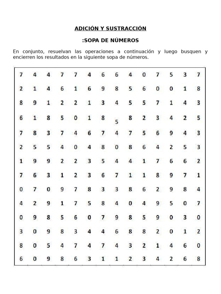 Sopa de Números: Sumas y Restas | PDF