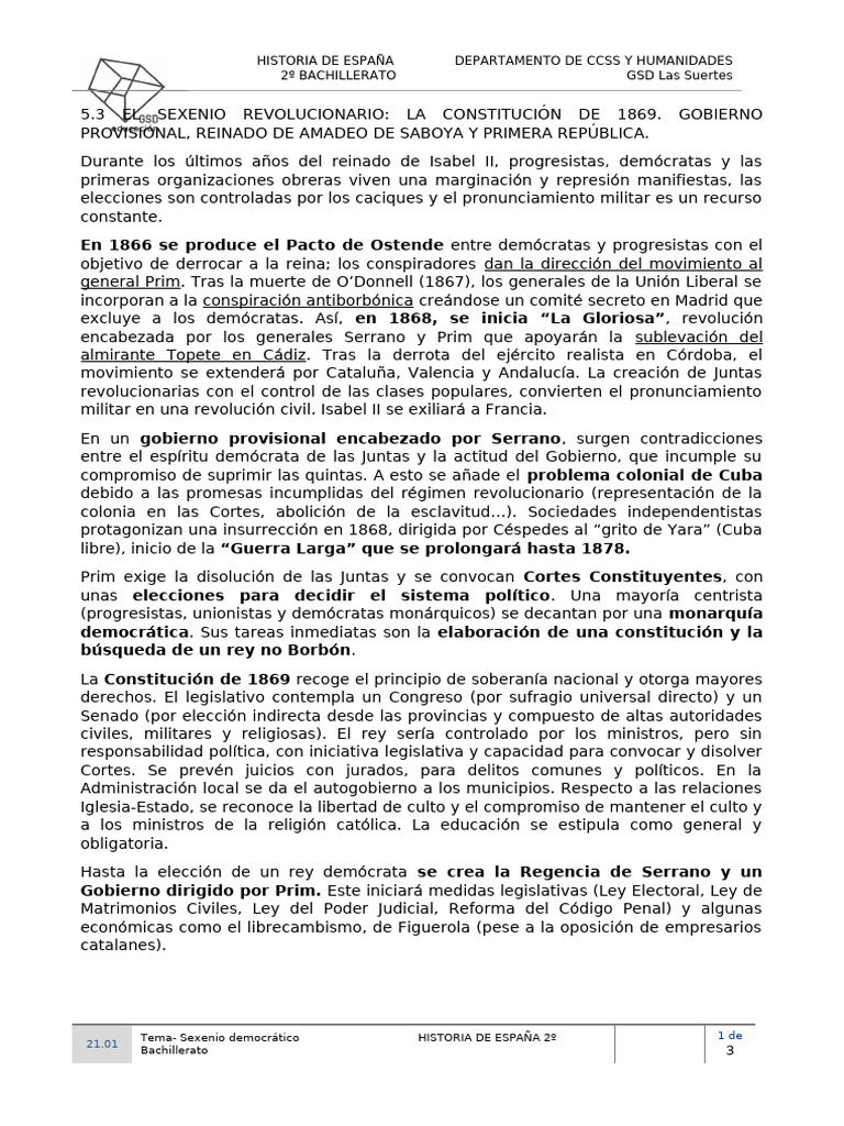 5.3 EL SEXENIO REVOLUCIONARIO. LA CONSTITUCIÓN DE 1869. GOBIERNO PROVISIONAL, EL REINADO DE ...