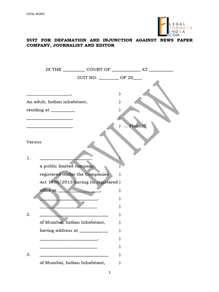 Final Suit For Defamation and Injunction SAMPLE | PDF | Newspapers ...