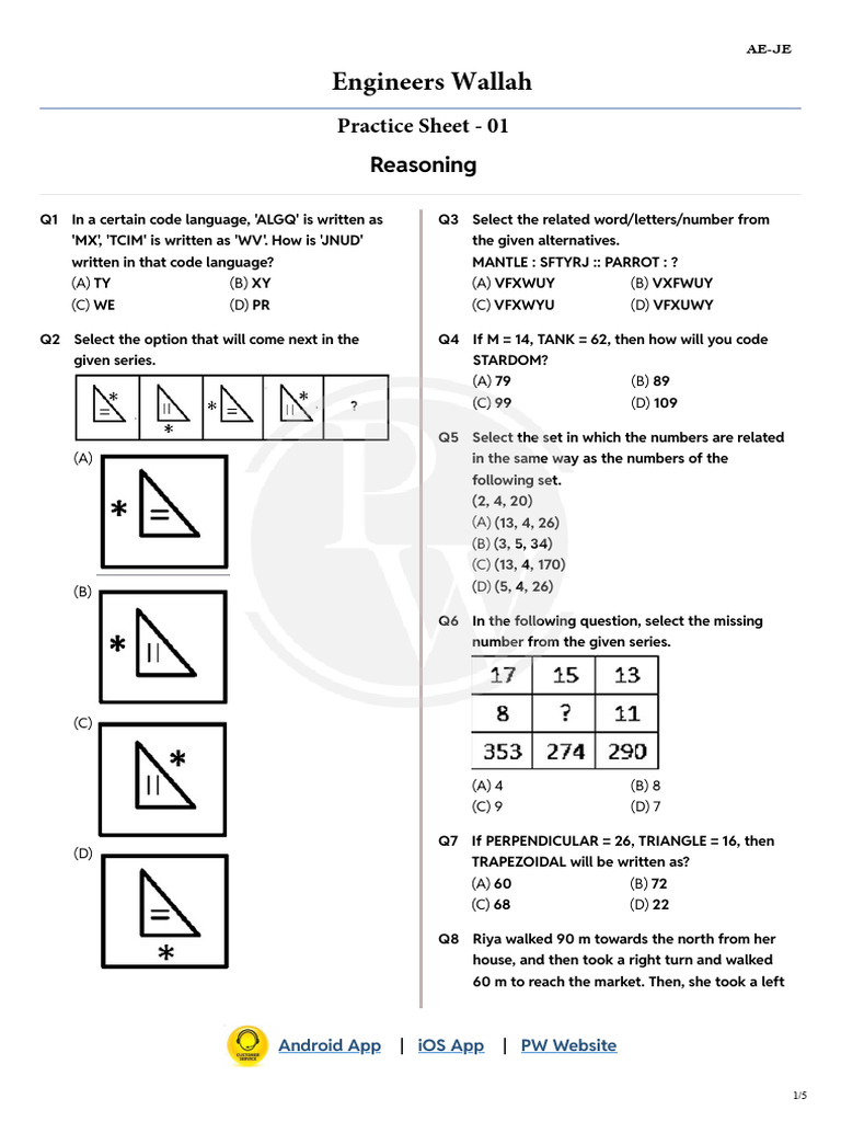 Reasoning _ Practice Sheet 01 (English) | PDF