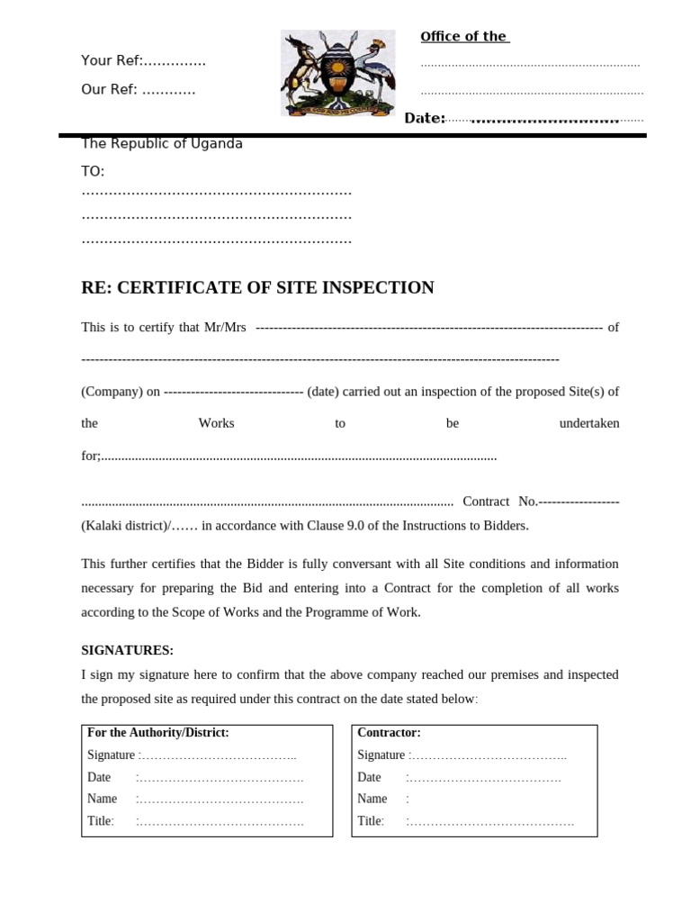 Certificate of Site Inspection Uganda | PDF