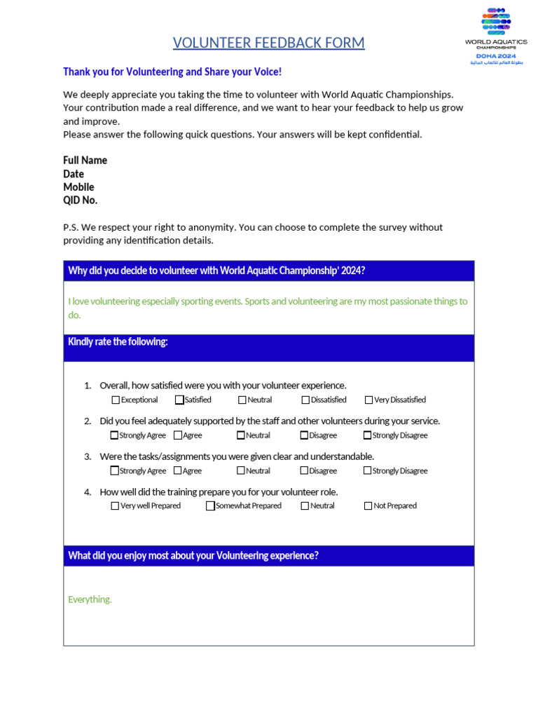 Volunteer Feedback Form_Version 1 | PDF