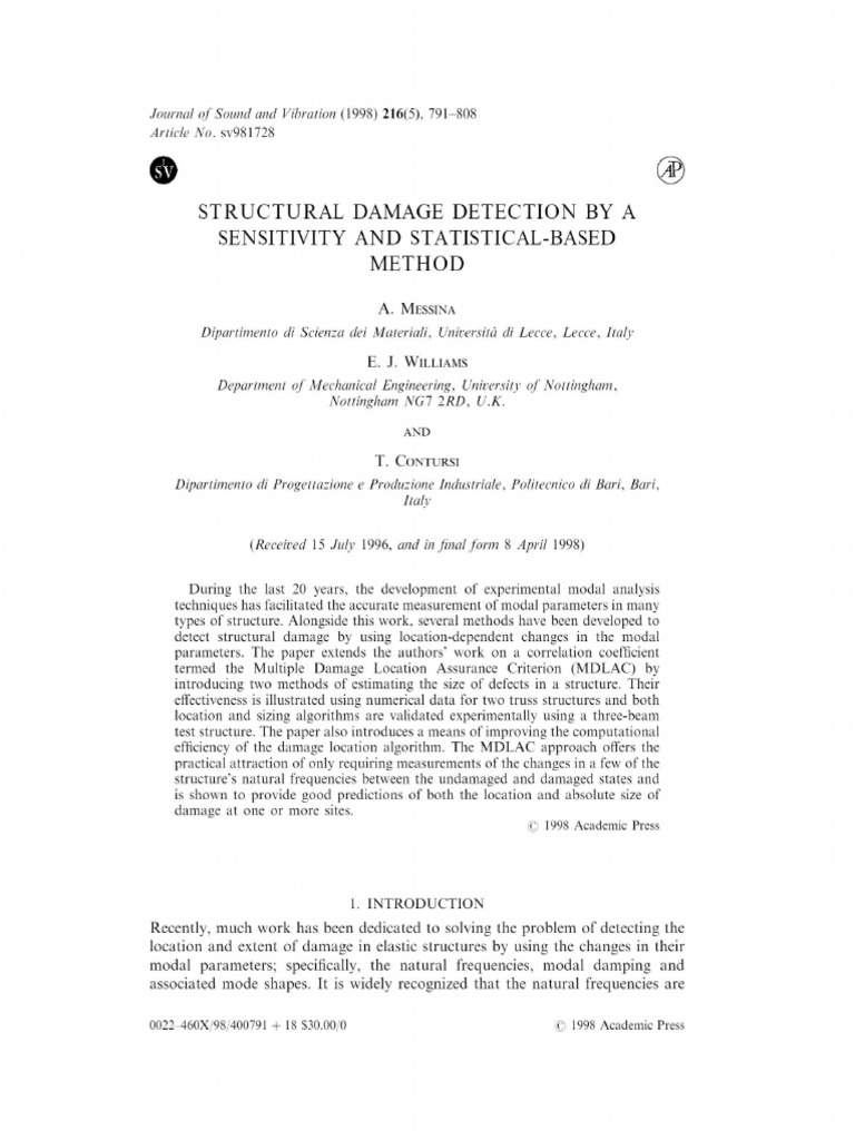 Damage Detection by Sensistivity and Statistic Based Method | PDF