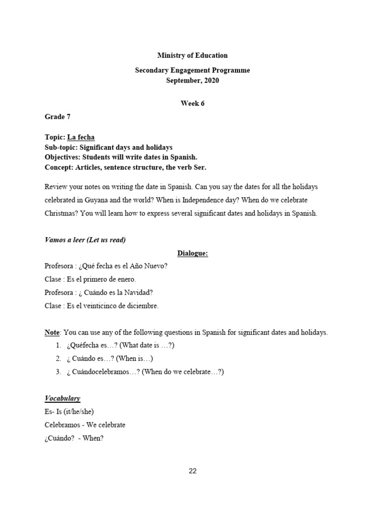 Grade 7 Spanish Week 6 Lesson 1 and Answersheet | PDF | Días festivos ...
