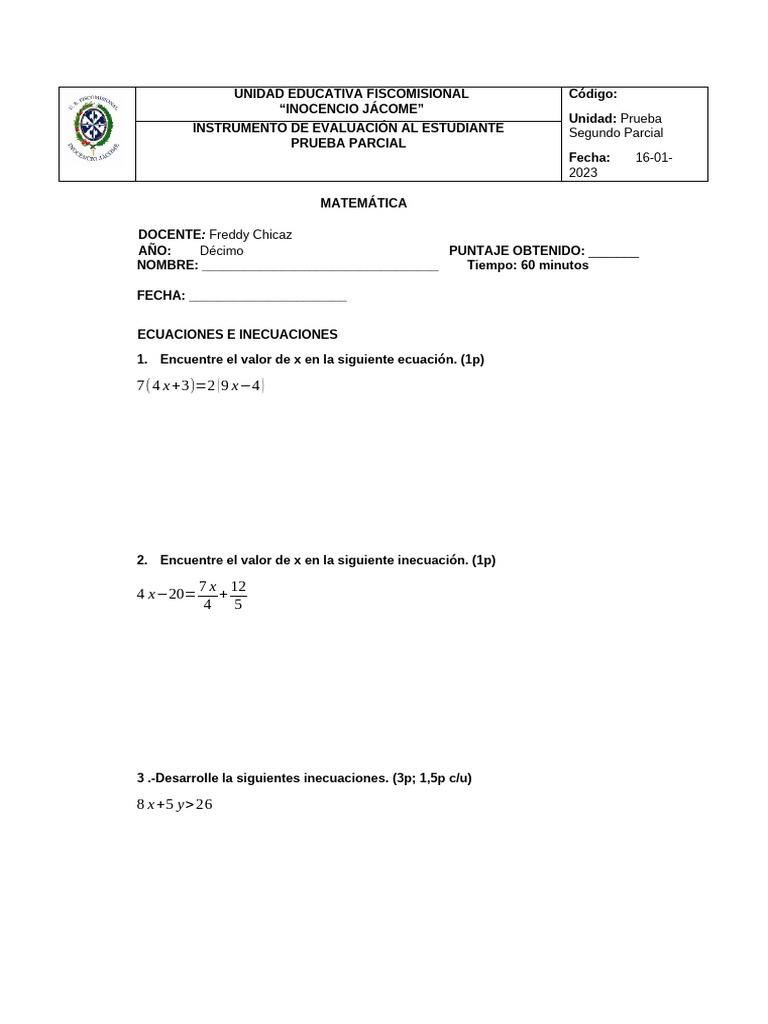 PRUEBA PARCIAL MATE DÉCIMO | PDF
