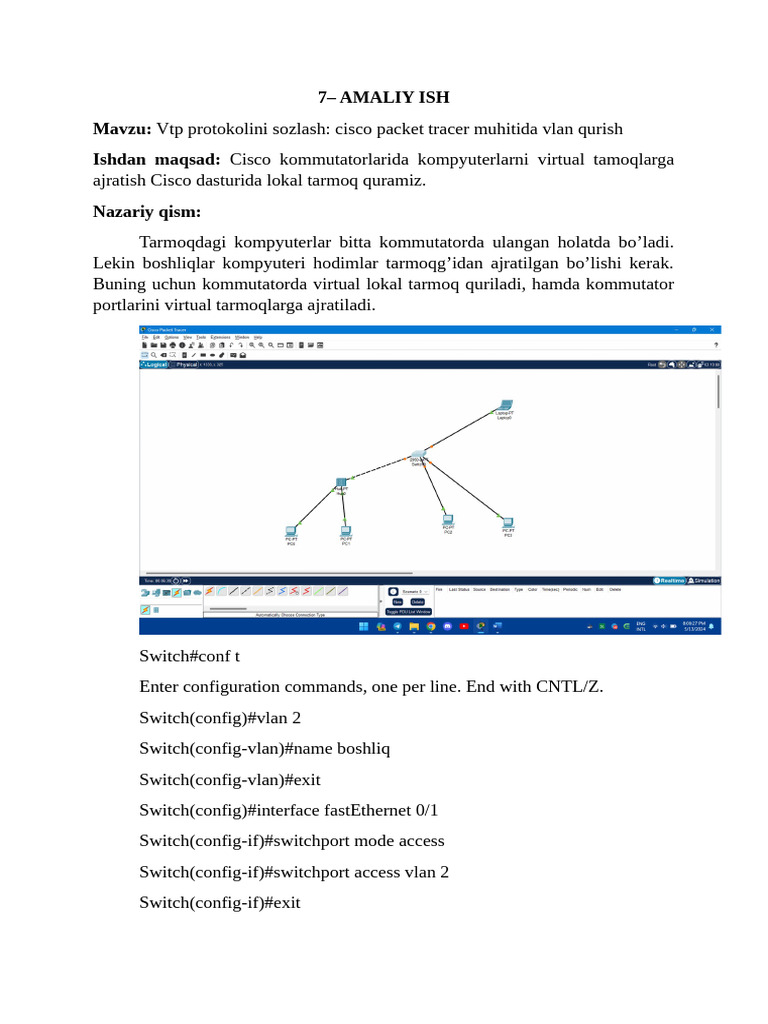 7– amaliy ish mavzu_ Vtp protokolini sozlash_ cisco packet trace | PDF