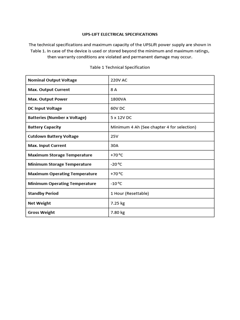UPSLift Power Supply Specs Overview | PDF