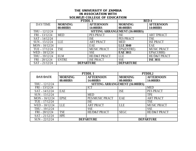 UNZA Solwezi College Exam Schedule 2024 | PDF
