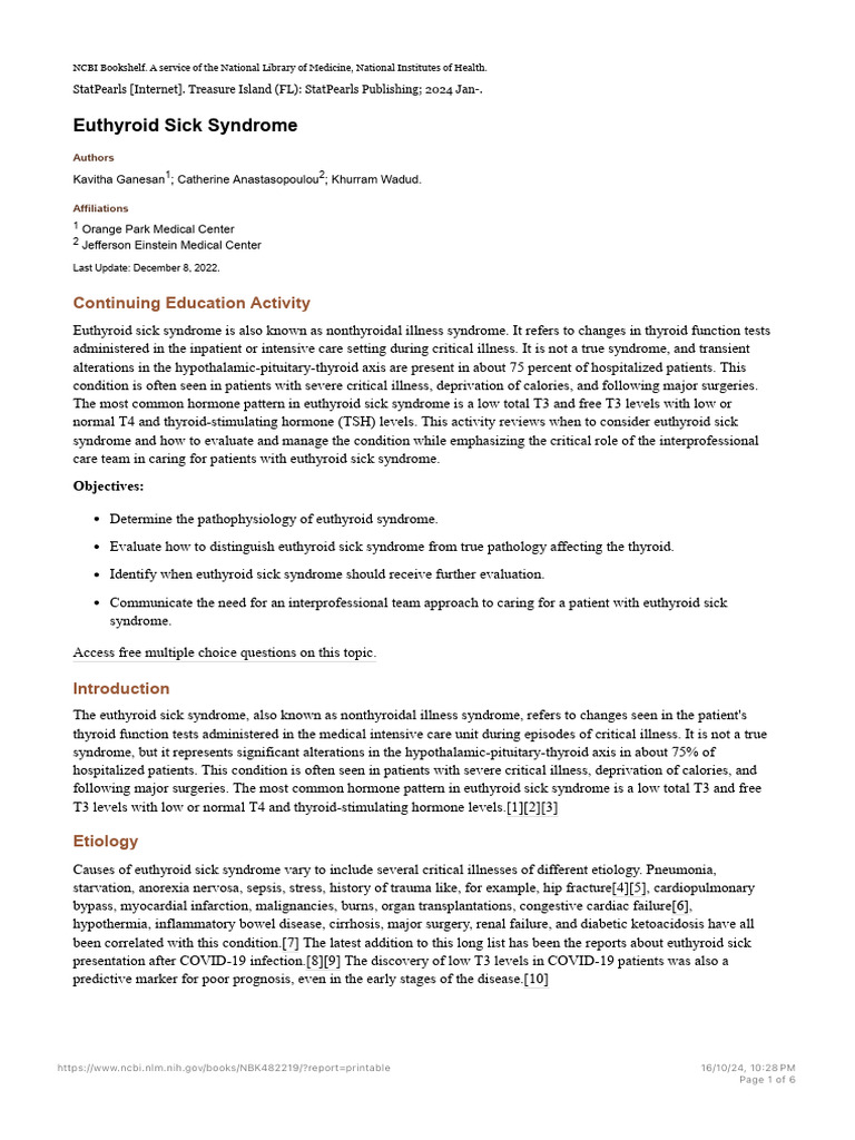 Euthyroid Sick Syndrome Overview | PDF | Thyroid | Thyroid Disease