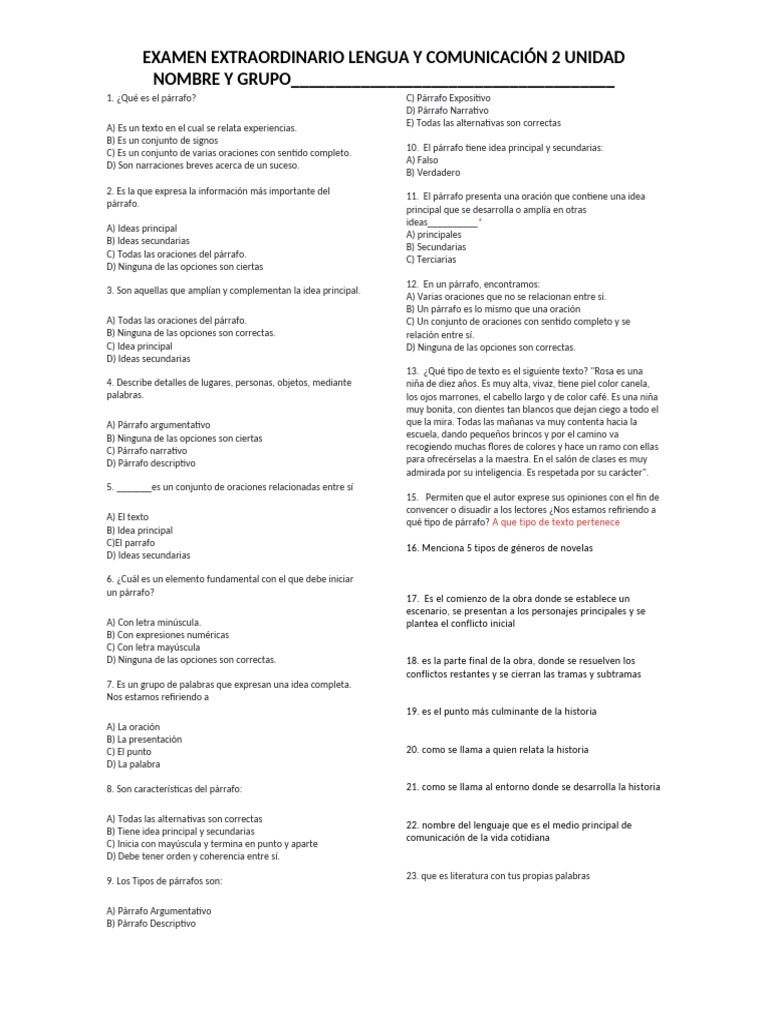 Examen Extraordinario Lengua 2 Unidad | PDF | Párrafo
