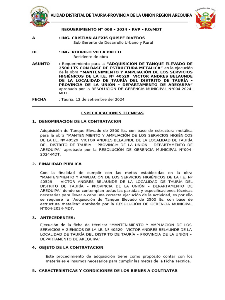 Requerimiento #008-2024-Ro-Mdt - Adq. de Tanque Elevado | PDF