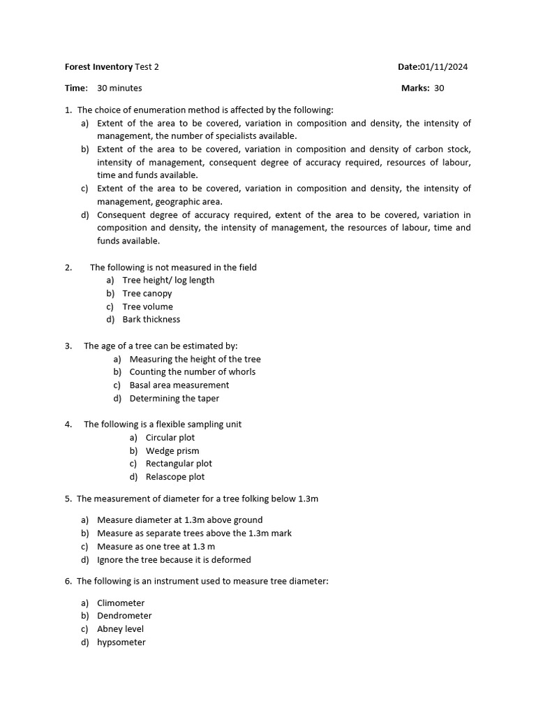 Forest Inventory Test Questions and Answers | PDF | Trees | Metrology