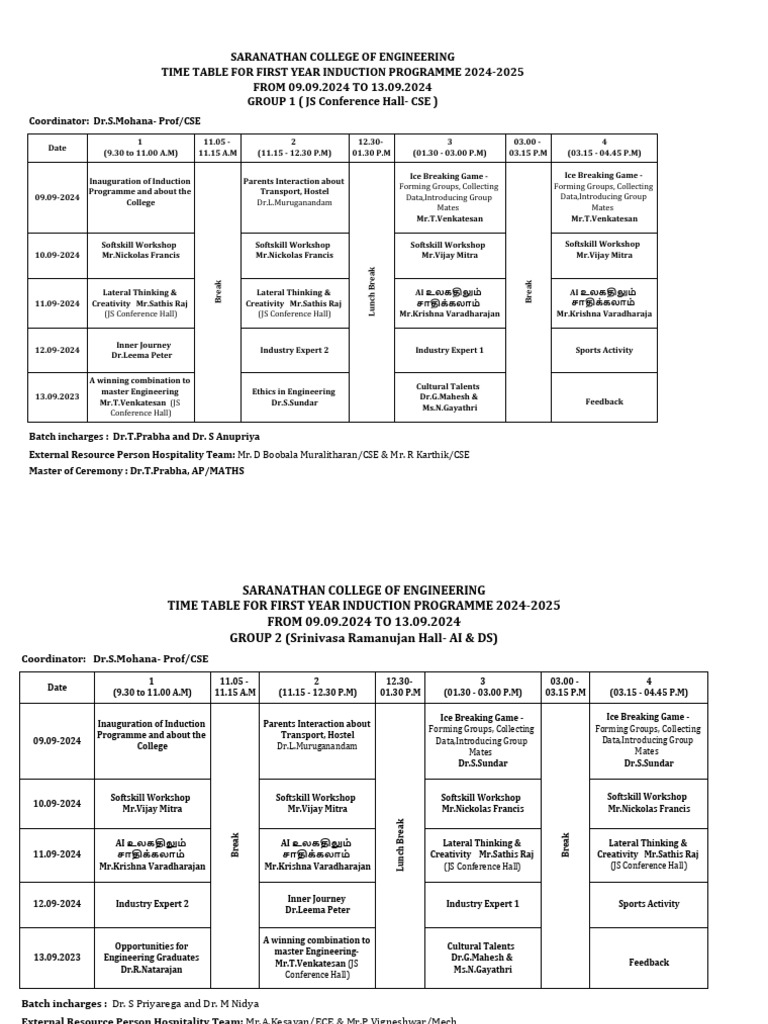 Updated Induction Program TT 24-25 With MC Batch I - 240909 - 203021 | PDF