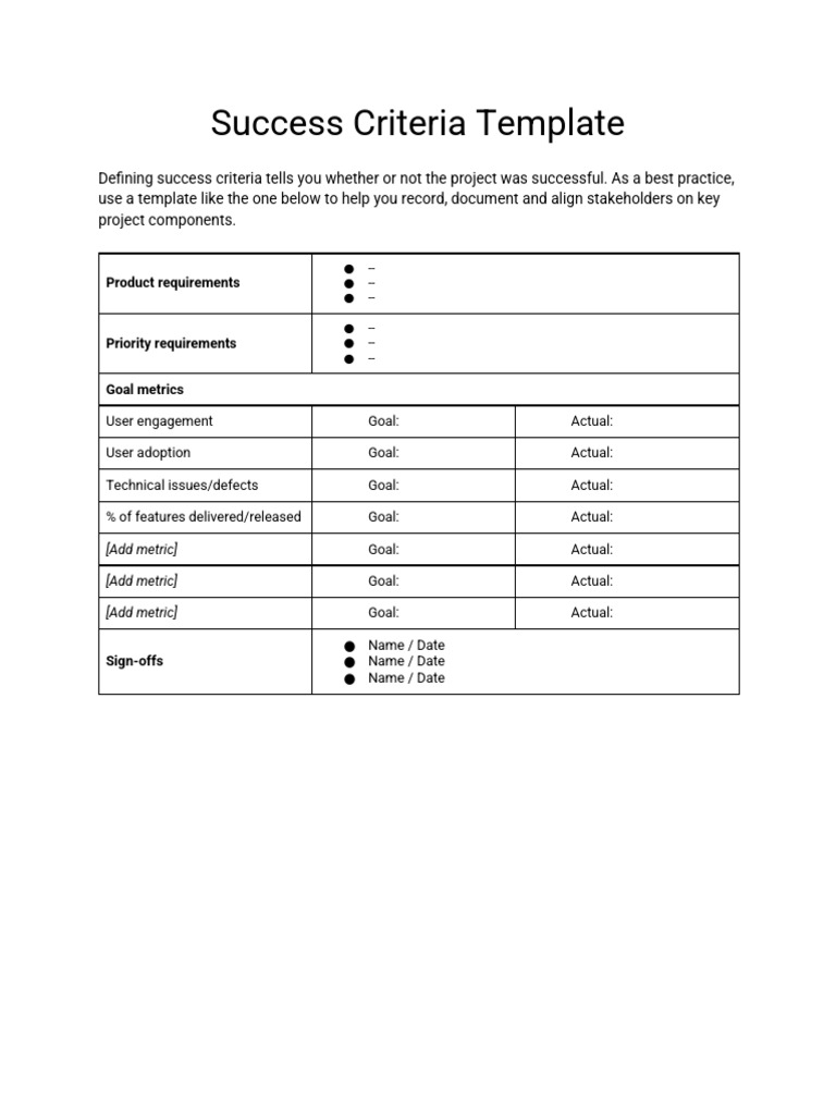 Success Criteria Template - Project Management | PDF