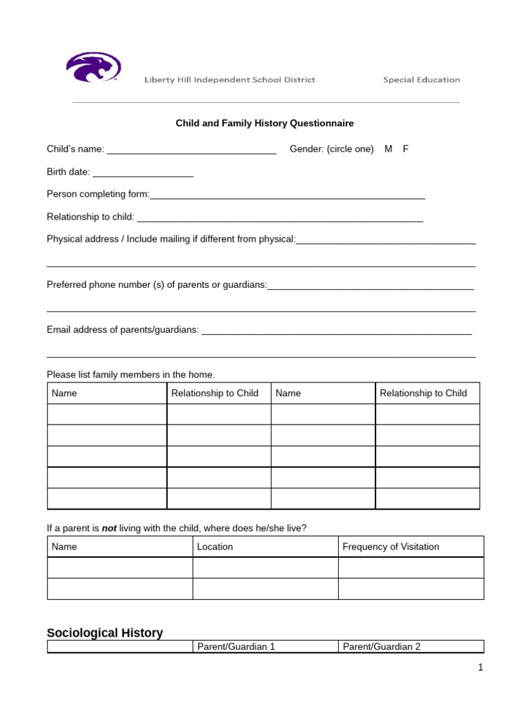 Older Elementary Child and Family History Questionnaire | PDF | Speech ...