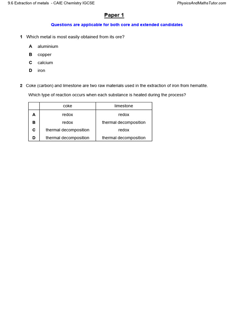 9.6 Extraction of Metals MCQ QP | PDF | Oxide | Aluminium