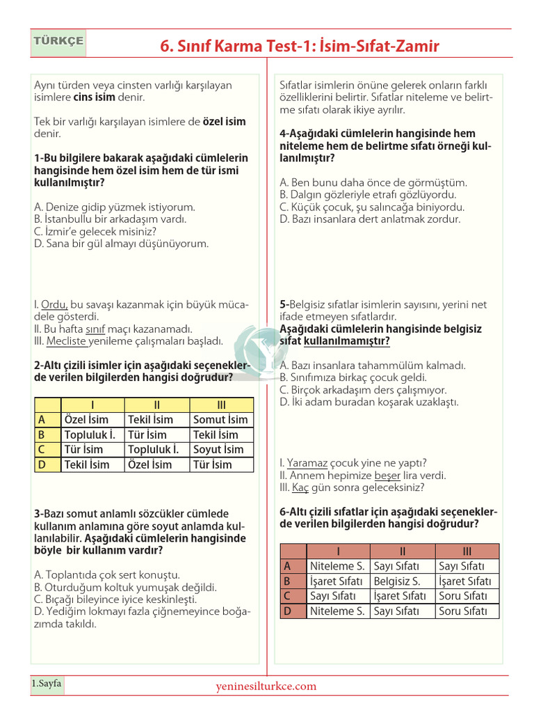 6.Sinif-Turkce-Isim-Sifat-Zamir-Calisma-Sorulari- | PDF
