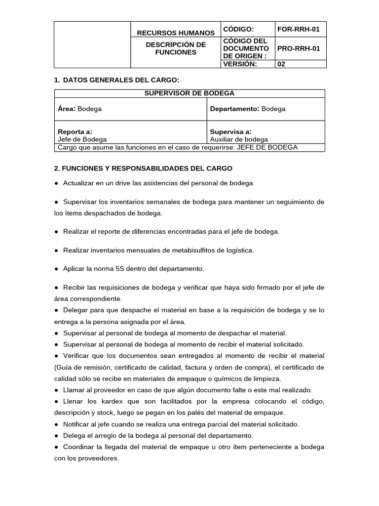 Descripción Función Supervisor de Bodega | PDF | Gestión de recursos ...
