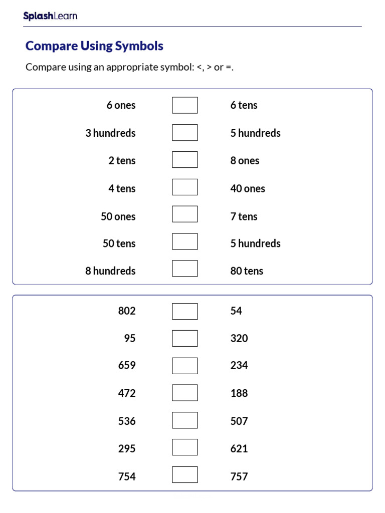 Use Symbols To Compare Numbers Worksheet | PDF