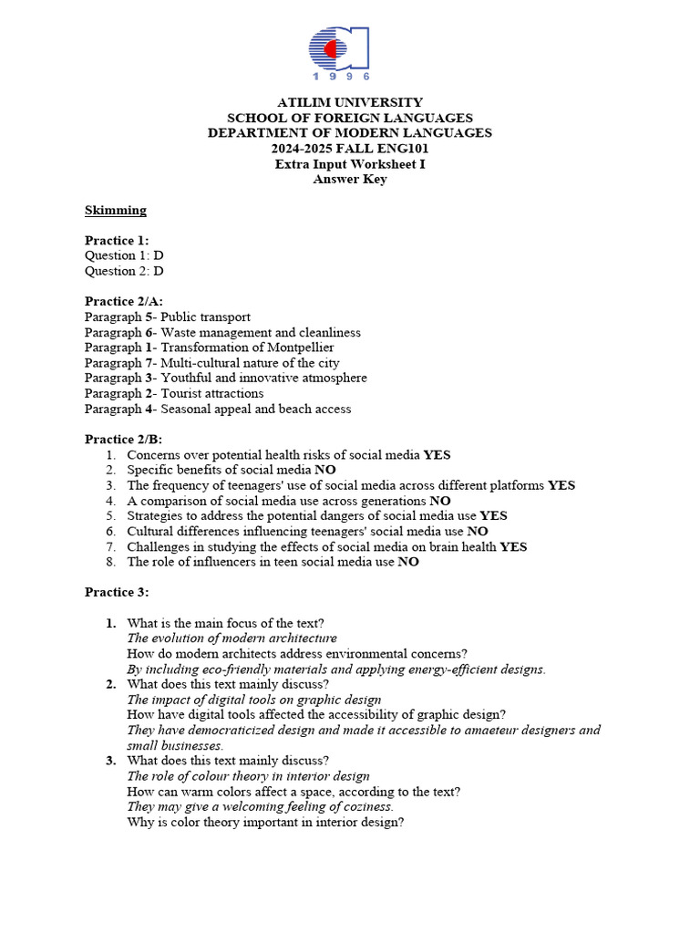Extra Worksheet 1 Answer Key | PDF | Art Deco | Interior Design