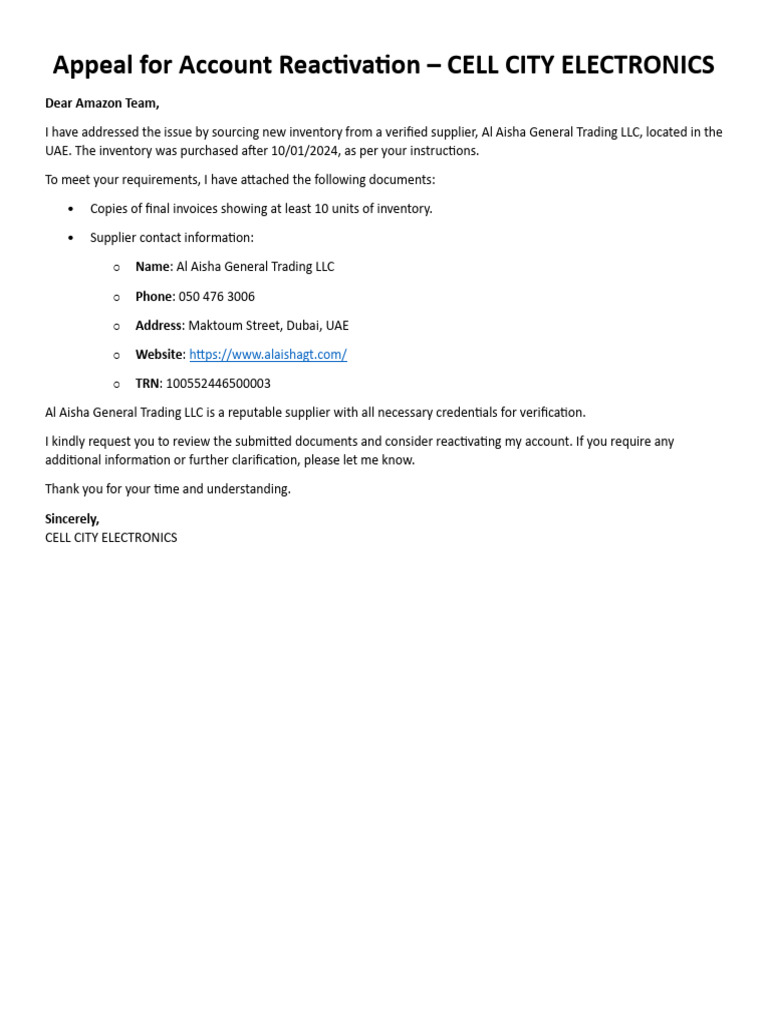 Account Reactivation Appeal - Cell City Electronics | PDF