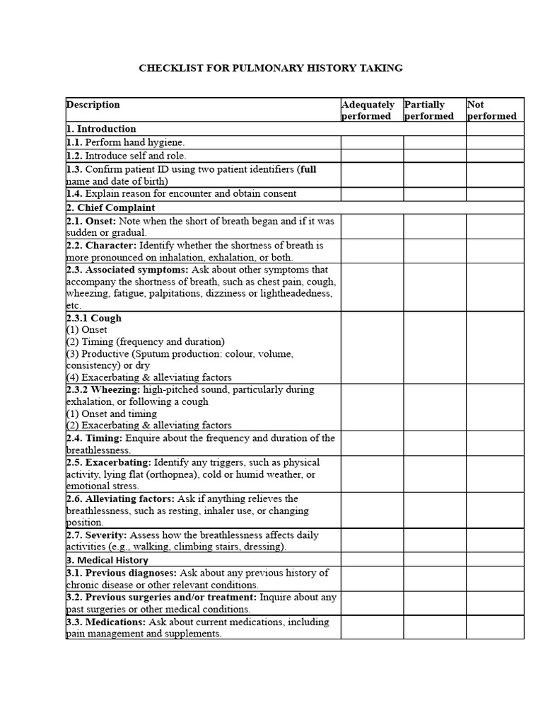 Pulmonary History Taking Checklist | PDF | Cough | Clinical Medicine