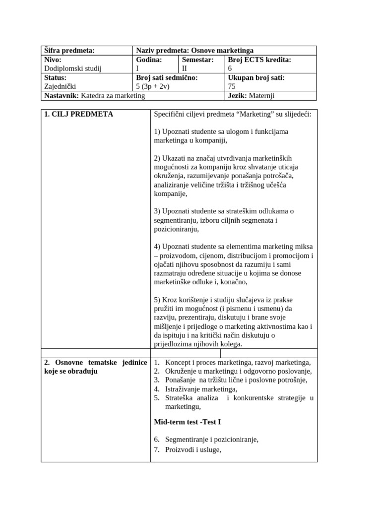 Syllabus Predmeta Osnove Marketinga | PDF