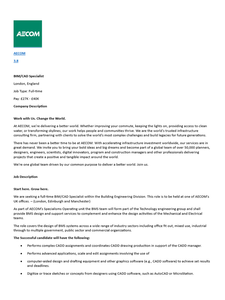 AECOM - BIM CAD Specialist | PDF | Employment | Computer Aided Design