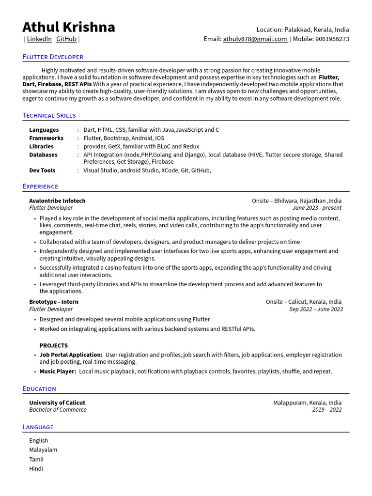 Flutter Developer Resume - Athul Krishna | PDF | Mobile App ...
