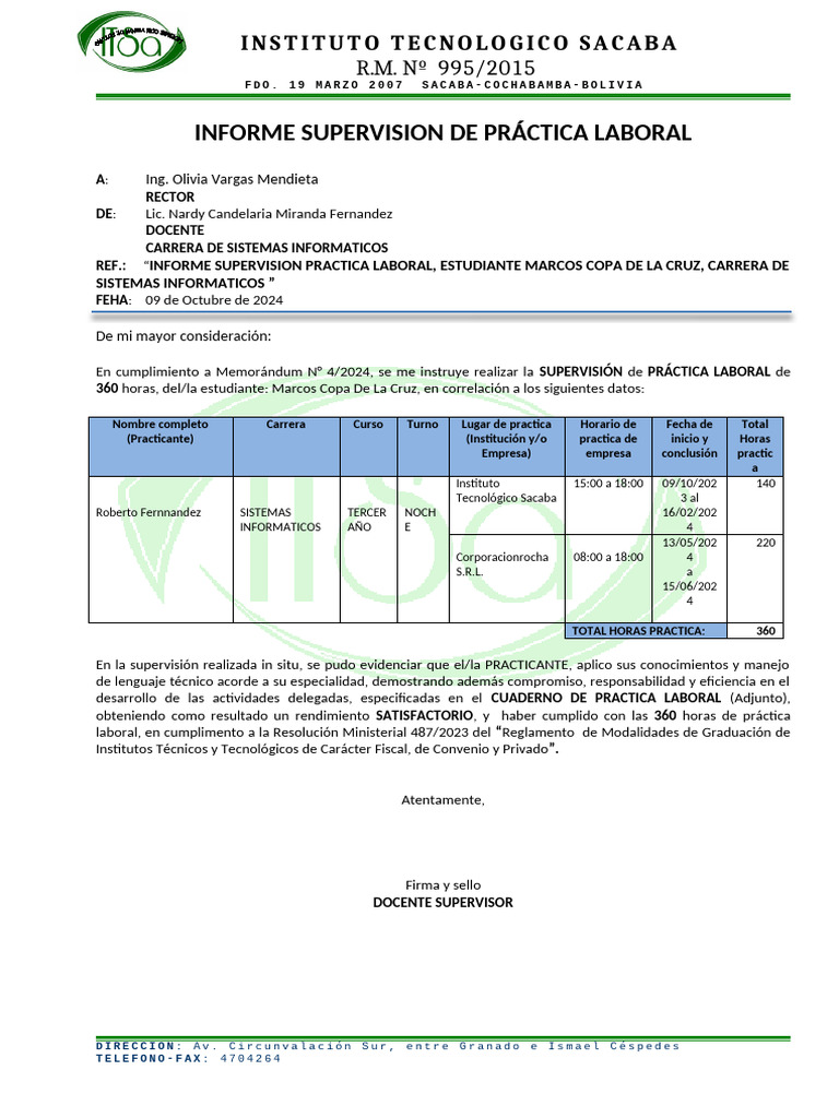 Informe de Supervisión de Práctica Laboral | PDF