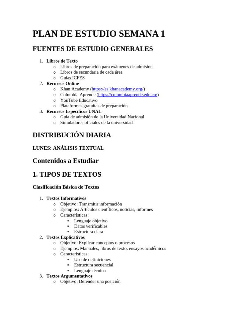 Plan de Estudio Intensivo Semana 1 - VALERY | PDF | Colombia | Matemáticas