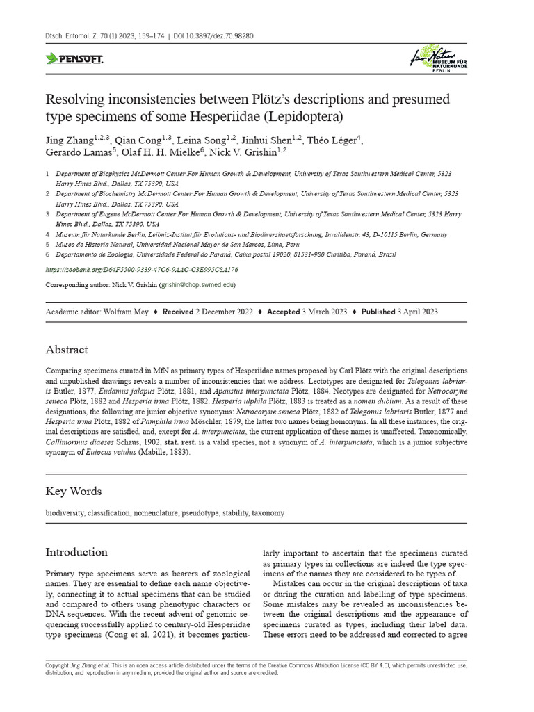 2023 - Zhang Et Al - Resolving Inconsistencies Between Plotz Descriptions Hesperiidae | PDF ...