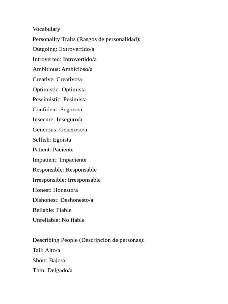Essential Personality Vocabulary Guide | PDF