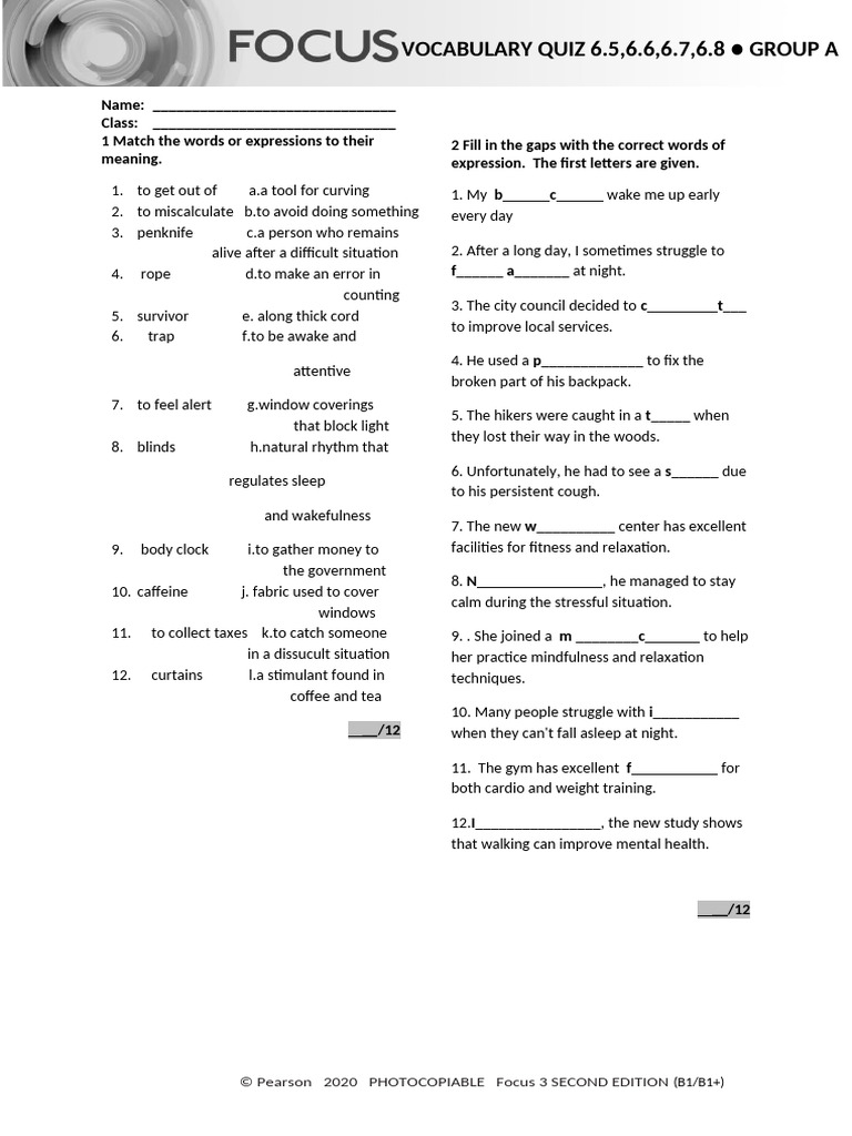 Focus3_2E_Vocabulary_Quiz_Unit 6.5,6.6,6.7,6.8 | PDF | Sleep ...