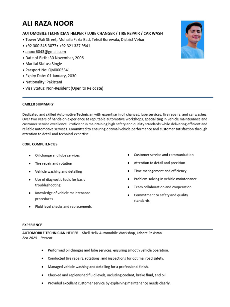 CV Ali Raza Noor. | PDF | Auto Mechanic | Vehicles