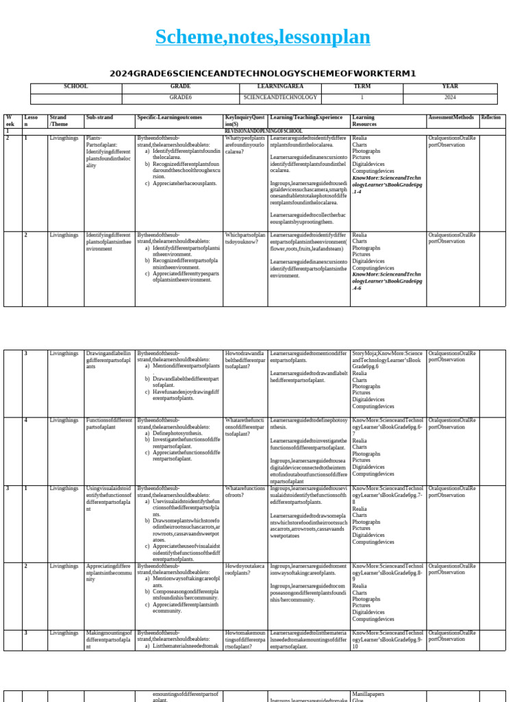 Grade 6 Term 1 Science Schemes (1) - 1 | PDF | Botany | Plants