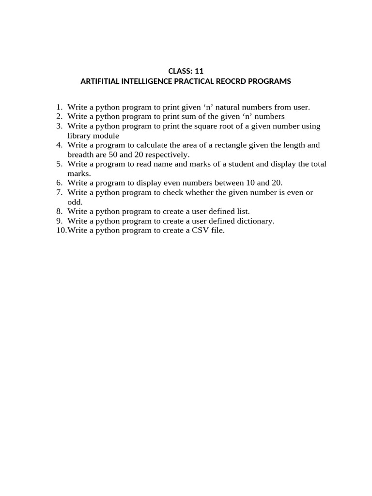 CLASS 11 AI - Practical Record Programs | PDF