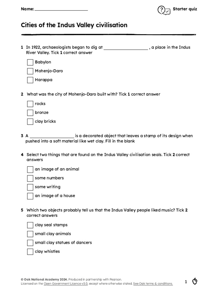 Indus Valley Quiz for Students | PDF