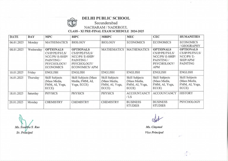 Class Xi Pre-Final Time Table 2024-2025 | PDF