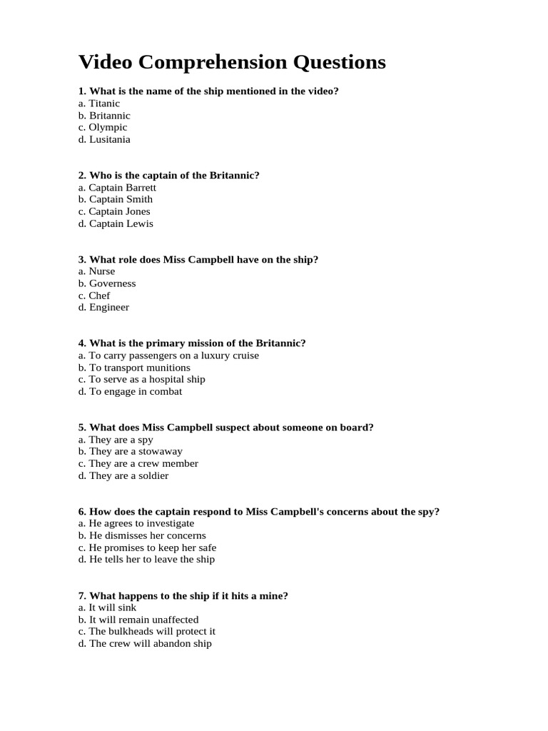 Video Comprehension Questions Britannic | PDF