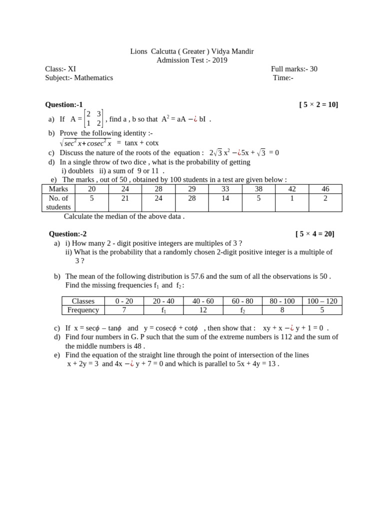 2019 Admission Test Math Questions | PDF