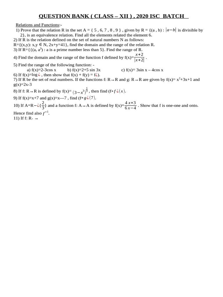 Class XII ISC 2020 Relations & Functions | PDF