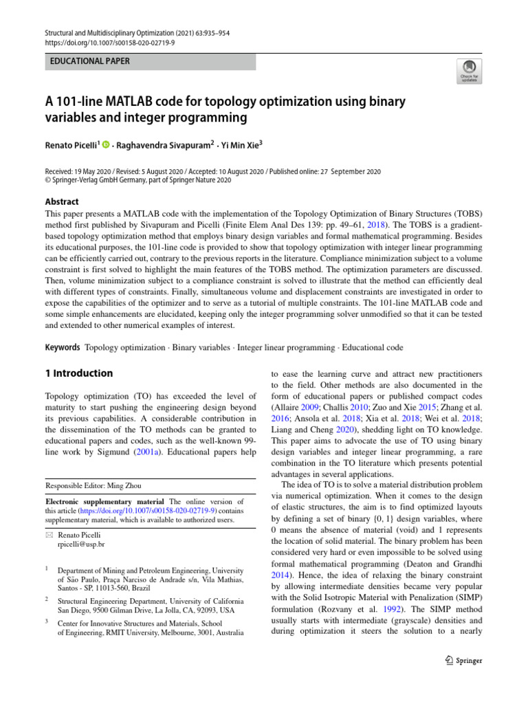 Picelli2021 Article A101-LineMATLABCodeForTopology | PDF | Mathematical Optimization | Finite ...