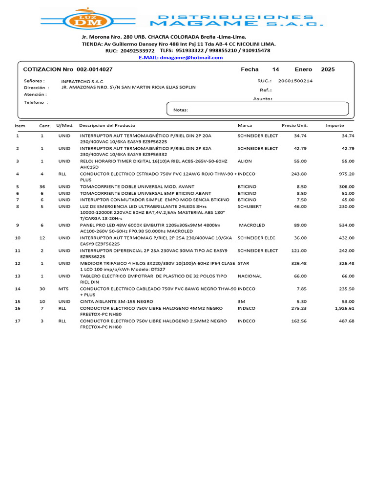 Proforma 001-0014027-Infratecho-1 | PDF | Ingenieria Eléctrica | Electricidad