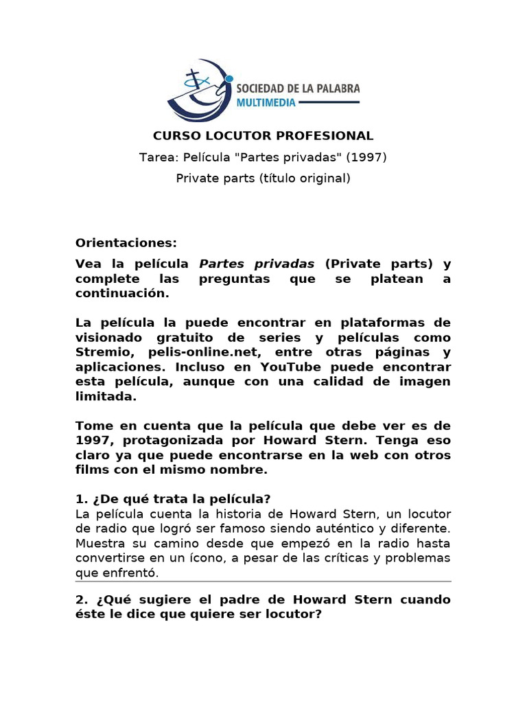Cuestionario de Película Partes Privadas | PDF
